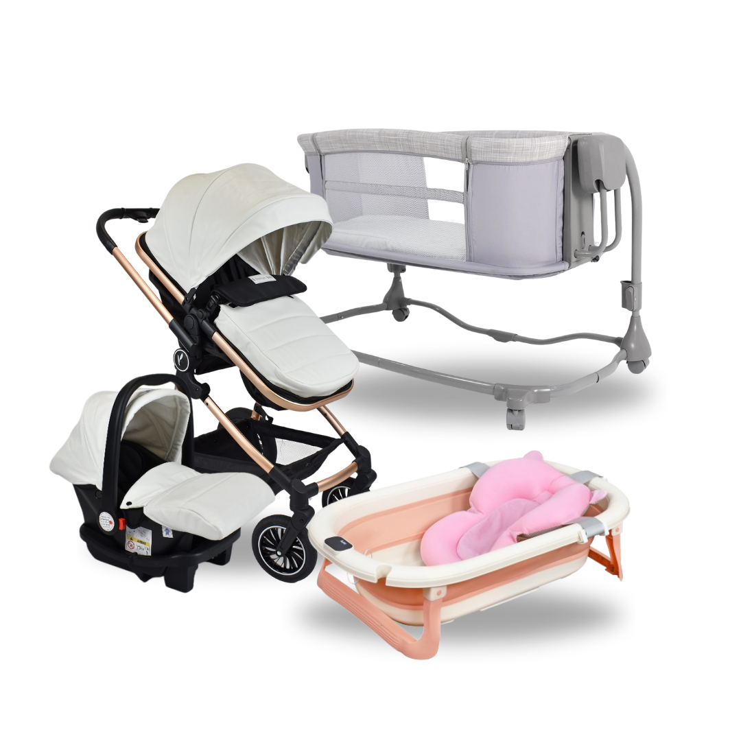 Combo Coche Moises Abby 3 en 1 Premium Baby Blanco + Cuna Colecho Eléc ...